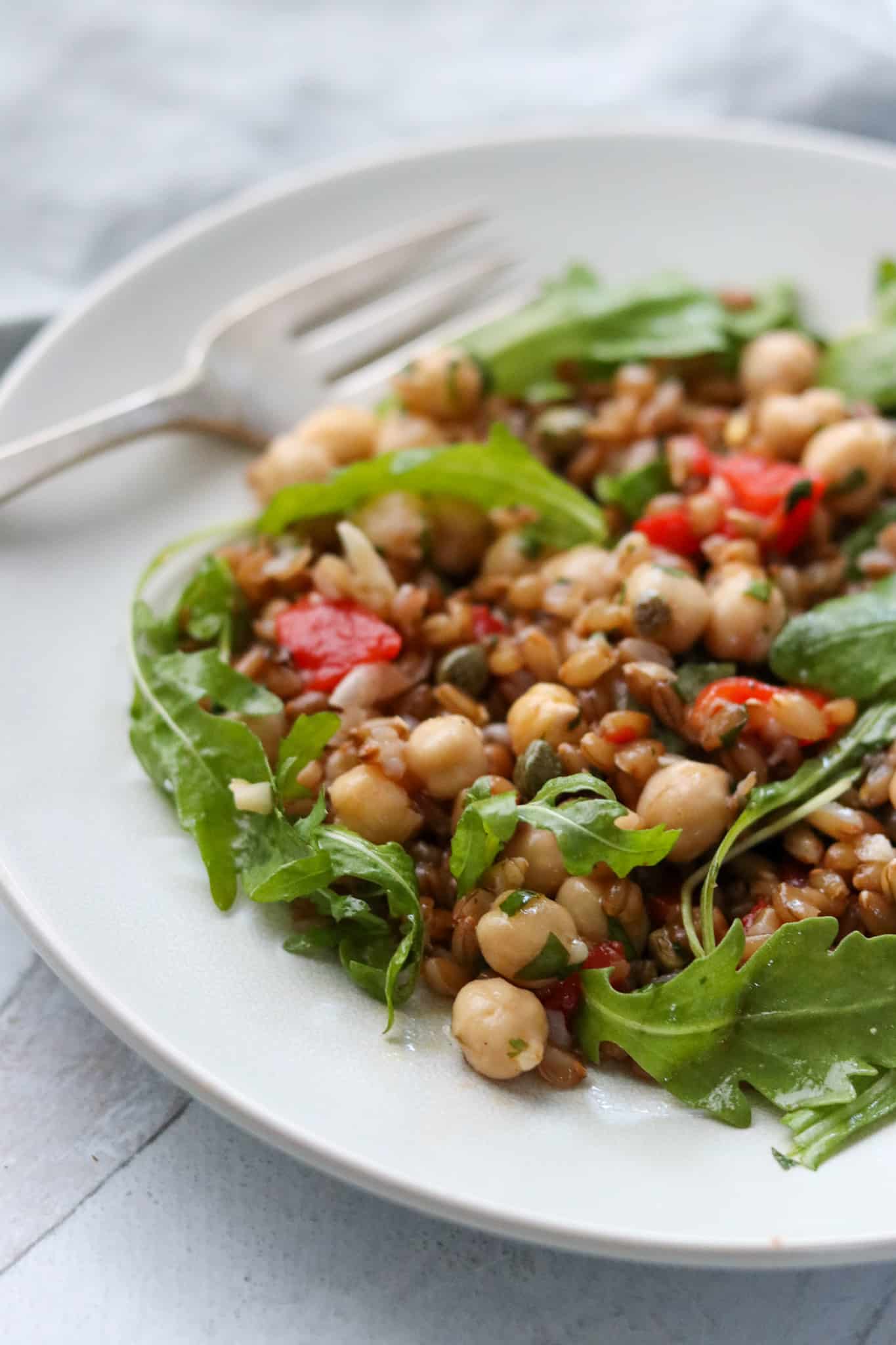 Rye Berry Salad with Chickpeas, Roasted Red Peppers and Arugula - True ...